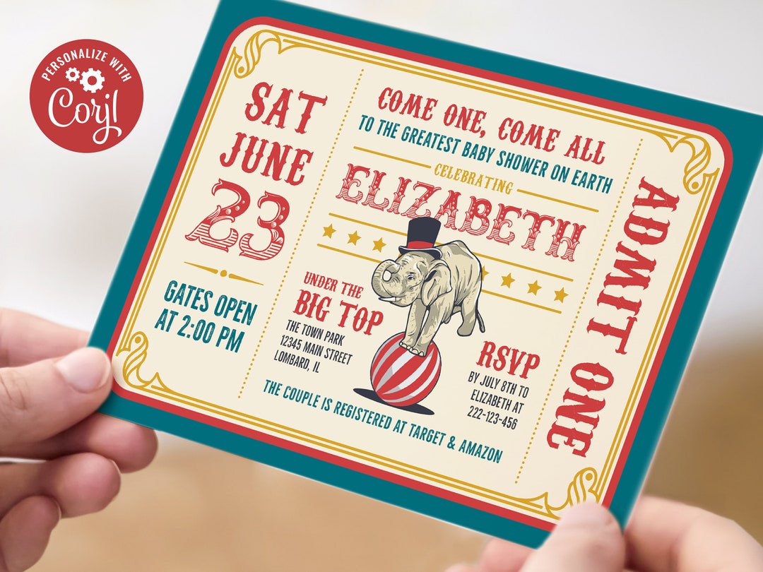 Vintage Circus Baby Shower Invitation: Carnival Ticket Corjl Template ...