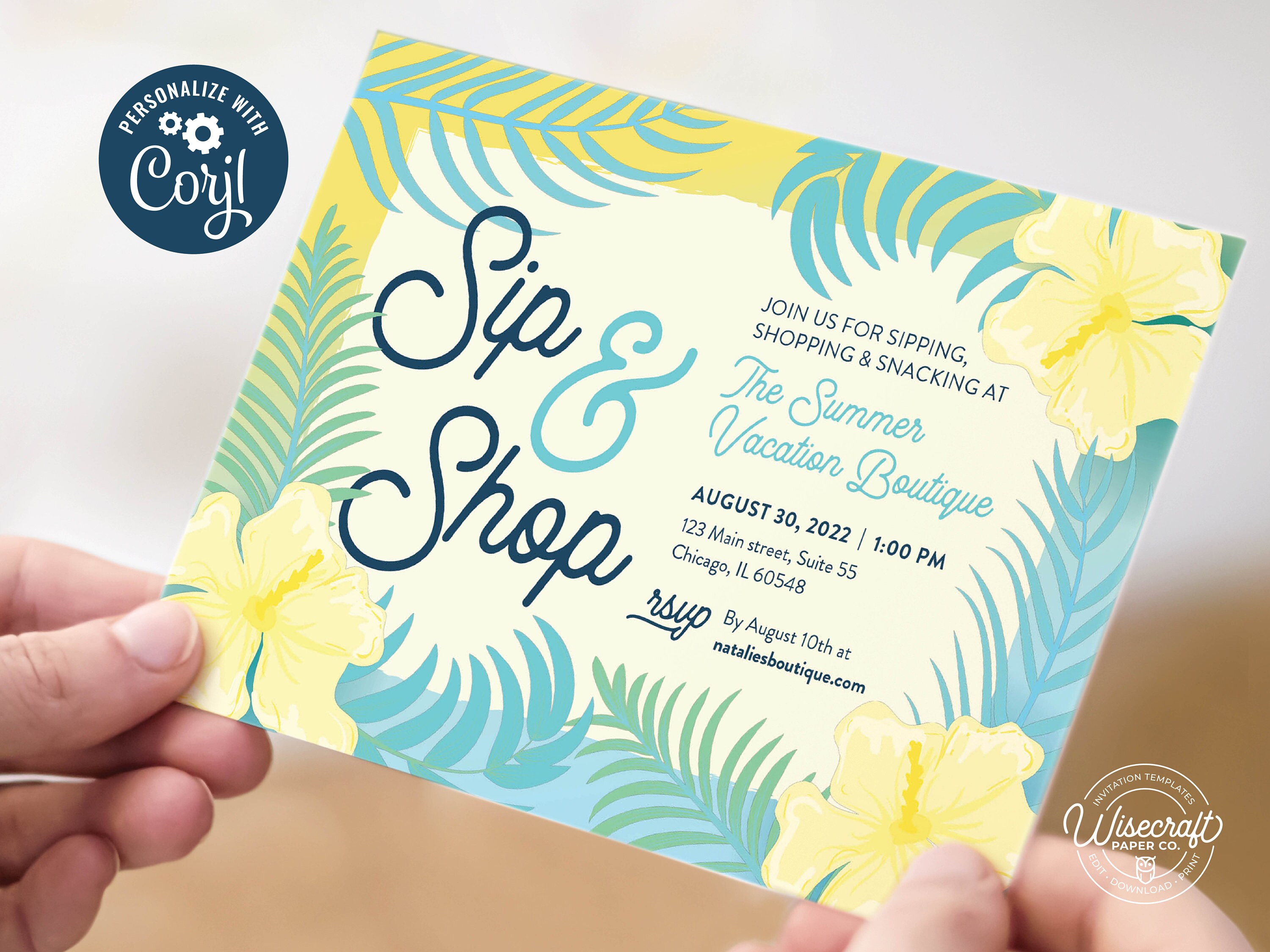 Editable Tropical Sip and Shop Party Invitation - 7x5 Corjl Template ...