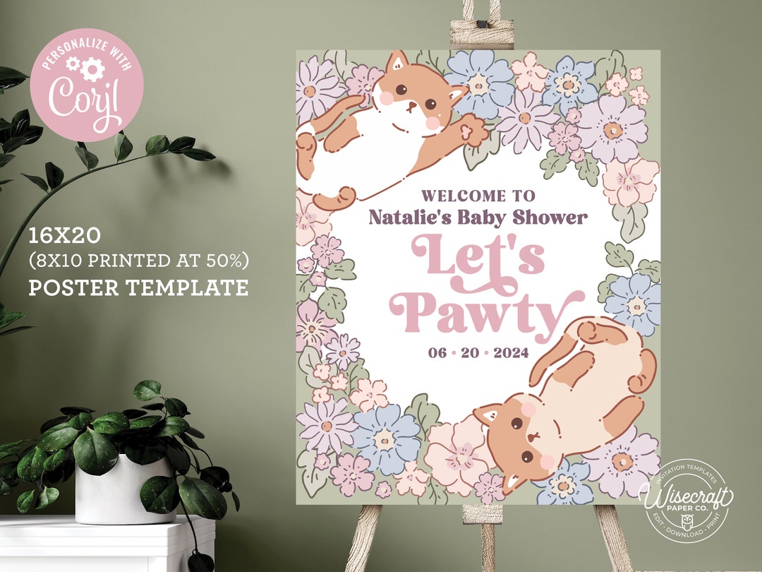 Kitten Baby Shower Poster: Pastel Floral Corjl Template (digital ...