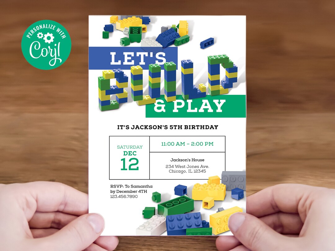 Editable Bricks Building Block Birthday Invite – Customizable 5x7 Corjl ...