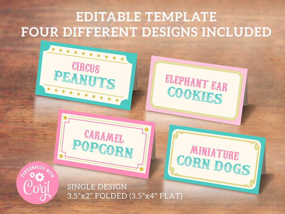 Customizable Pastel Circus Place Cards - Carnival Party Decor, 3.5x2 ...