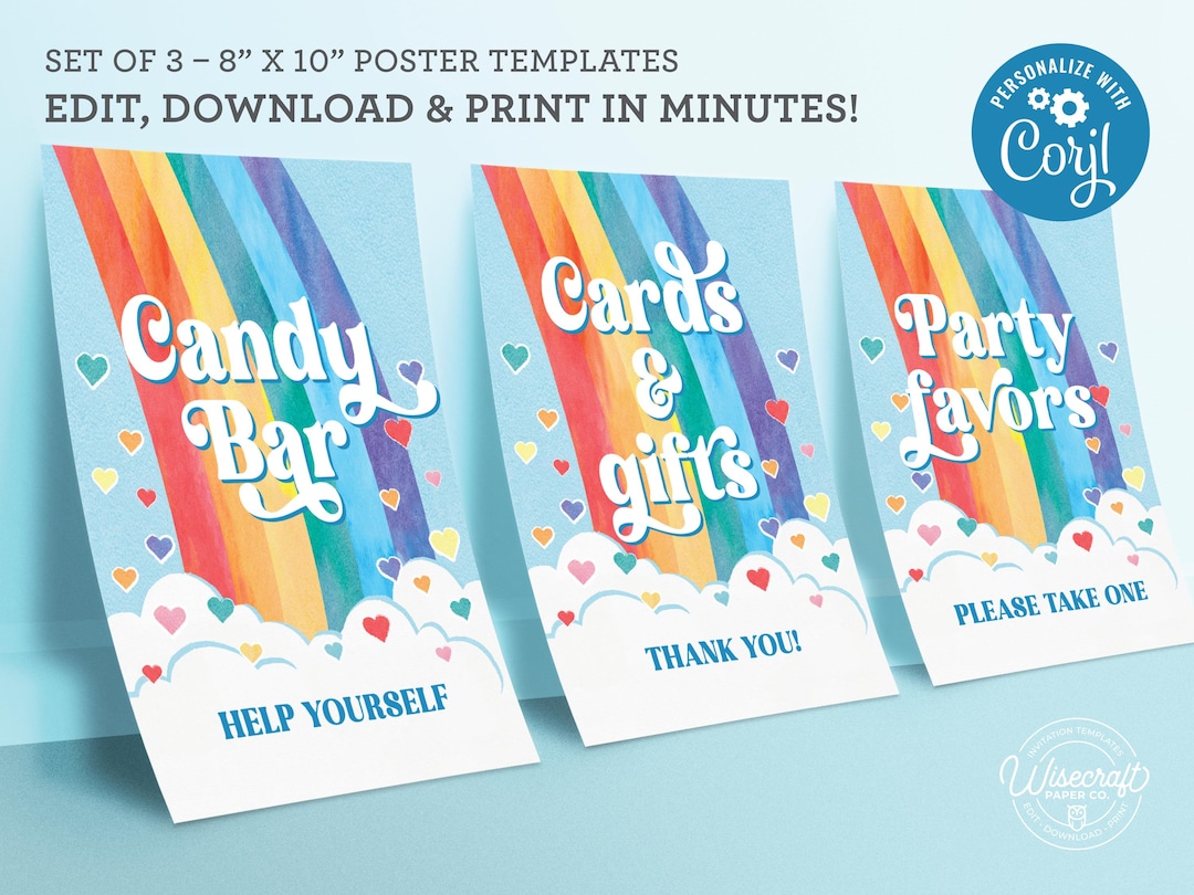 Rainbow Hearts Birthday Party Posters: 1980s Style Corjl Template ...