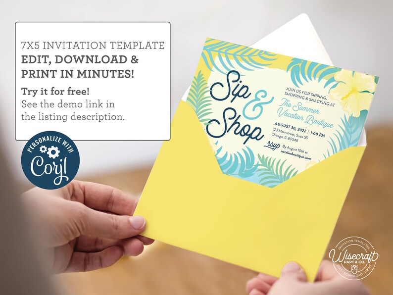 Editable Tropical Sip and Shop Party Invitation - 7x5 Corjl Template ...