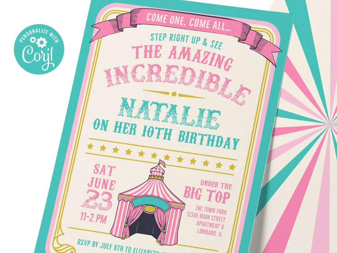 Editable Pastel Circus Theme Birthday Invitation - 5x7 Corjl Template ...