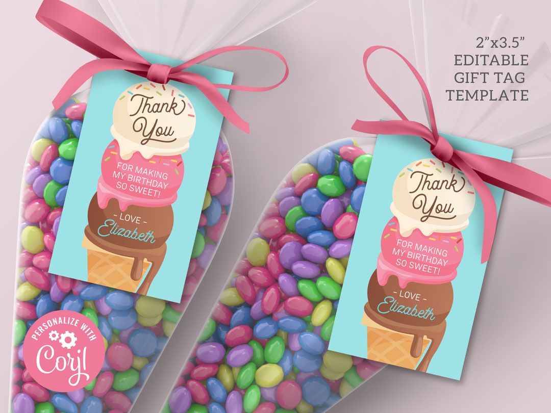 Editable Pastel Ice Cream Cone Gift Tag - Sweet Birthday Celebration ...