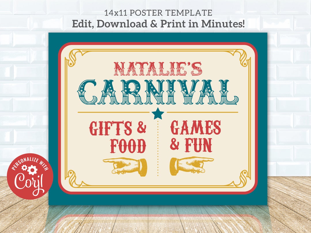 Customizable Vintage Circus Directional Poster - Carnival Party Decor ...