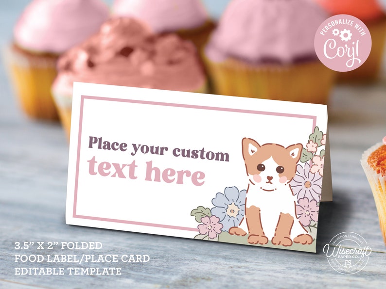 Editable Kitten Party Place Cards Cute Pastel Floral, 3.5x2 Corjl Food ...