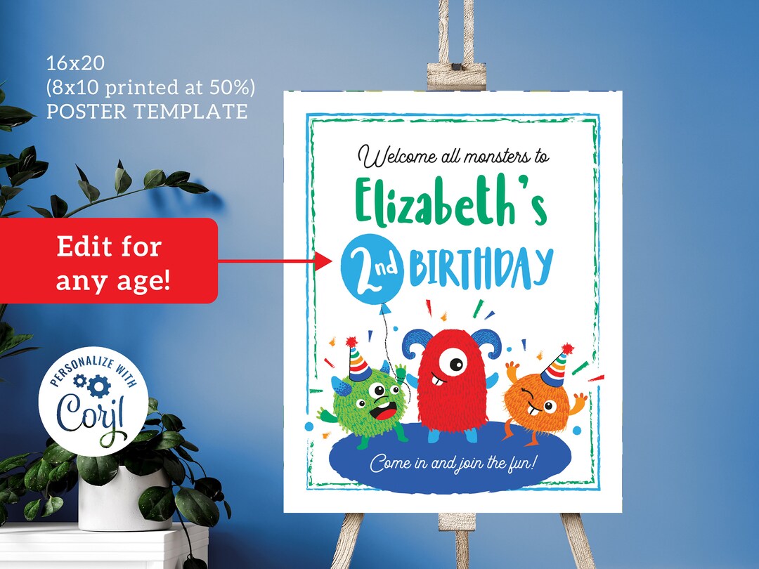 Editable Party Monsters Welcome Poster – Customizable Birthday Sign ...