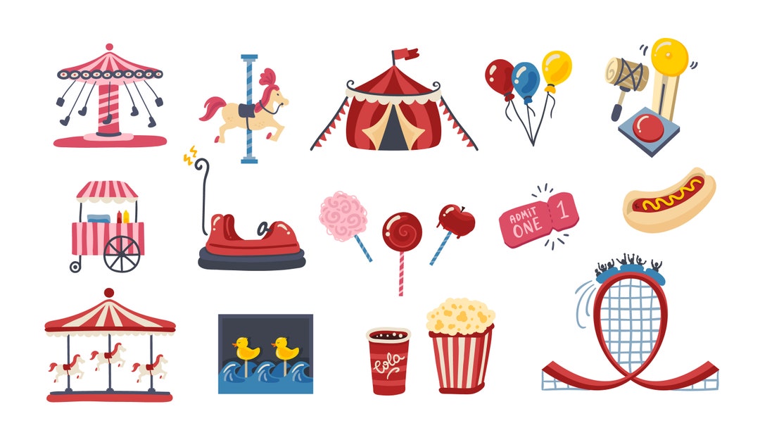 Carnival Amusement Park Elements Digital Design Illustration Funny Pack ...