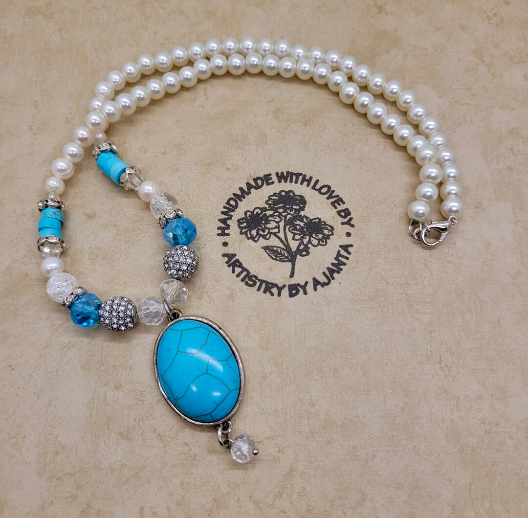 Oval Turquoise Blue Drop With Genuine Turquoise, Quartz and Cultured ...