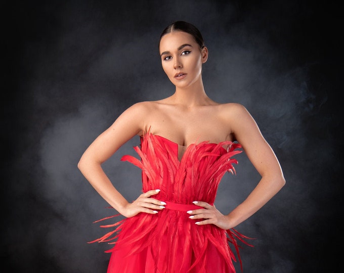 Long Red Organza Gown With Deep Slit and Natural Feathers. Elegant Prom ...