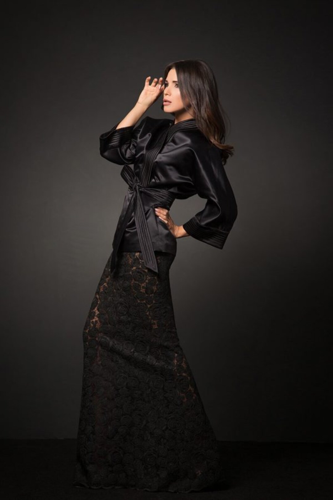 Evening Black Gown, Black Satin Kimono and Black Lace Mermaid Skirt Set ...