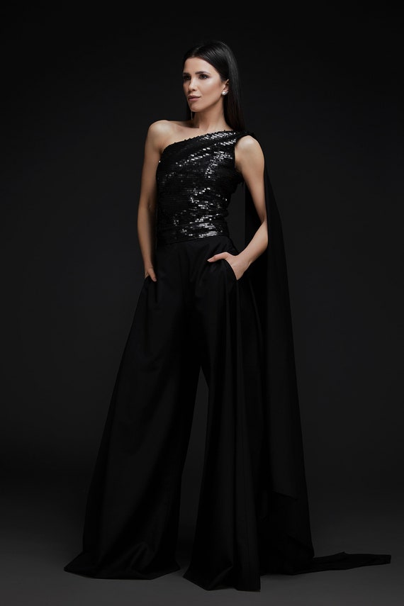 Black fine wool Trousers with sequins belt and hidden side | Etsy