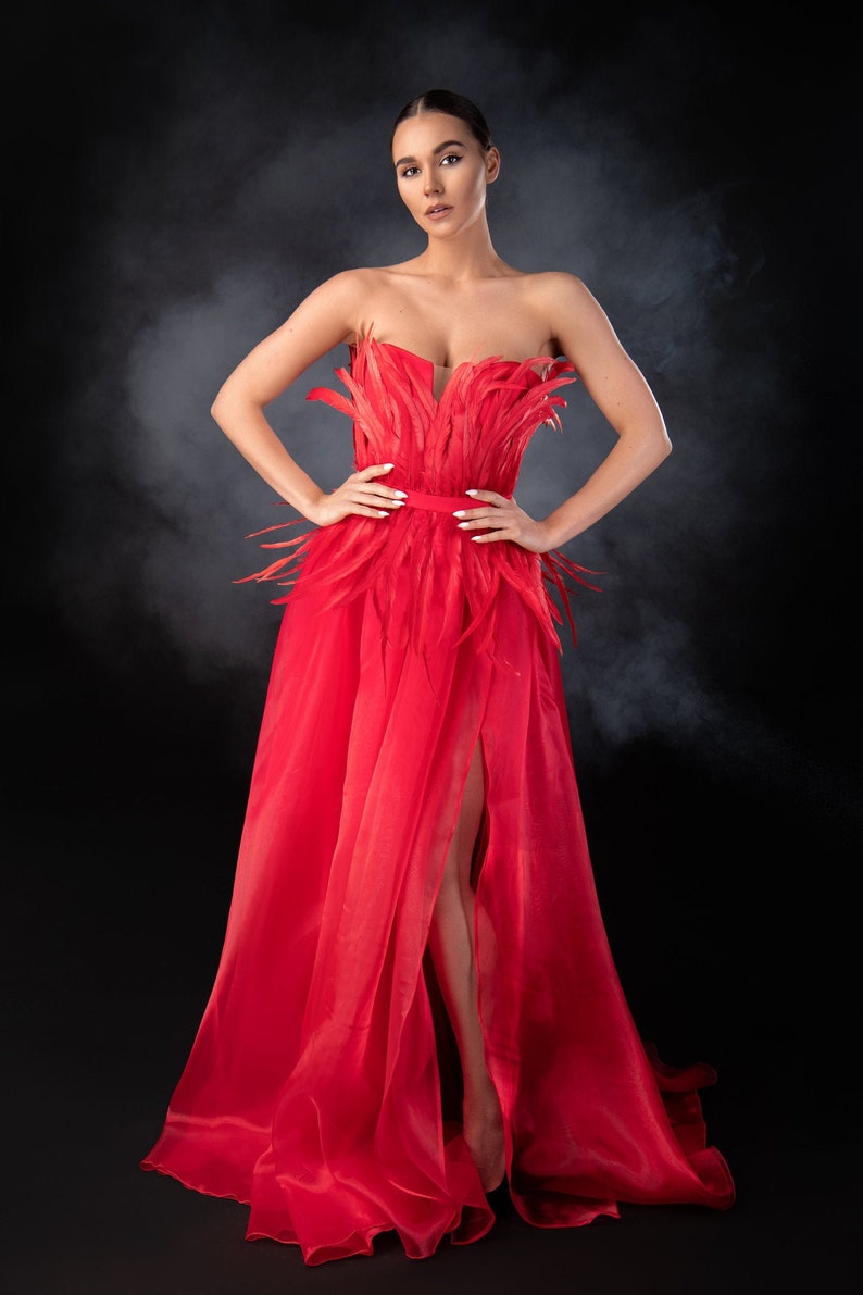 Long Red Organza Gown With Deep Slit and Natural Feathers. - Etsy