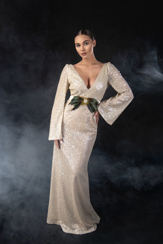 Long V-neck and V-back Dress Made From Mat Sequins Fabric. | Etsy