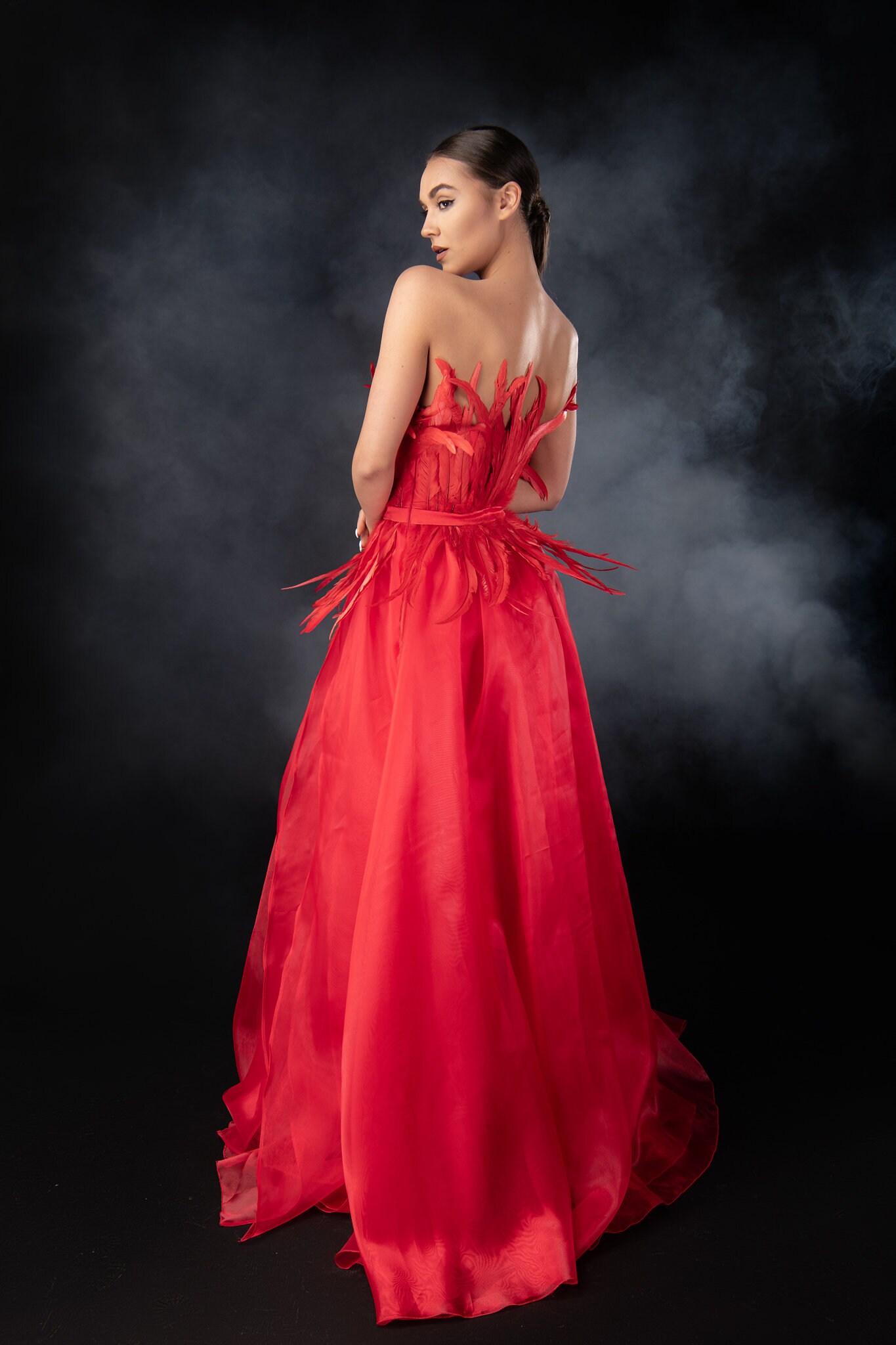 Long Red Organza Gown With Deep Slit and Natural Feathers. Elegant Prom ...