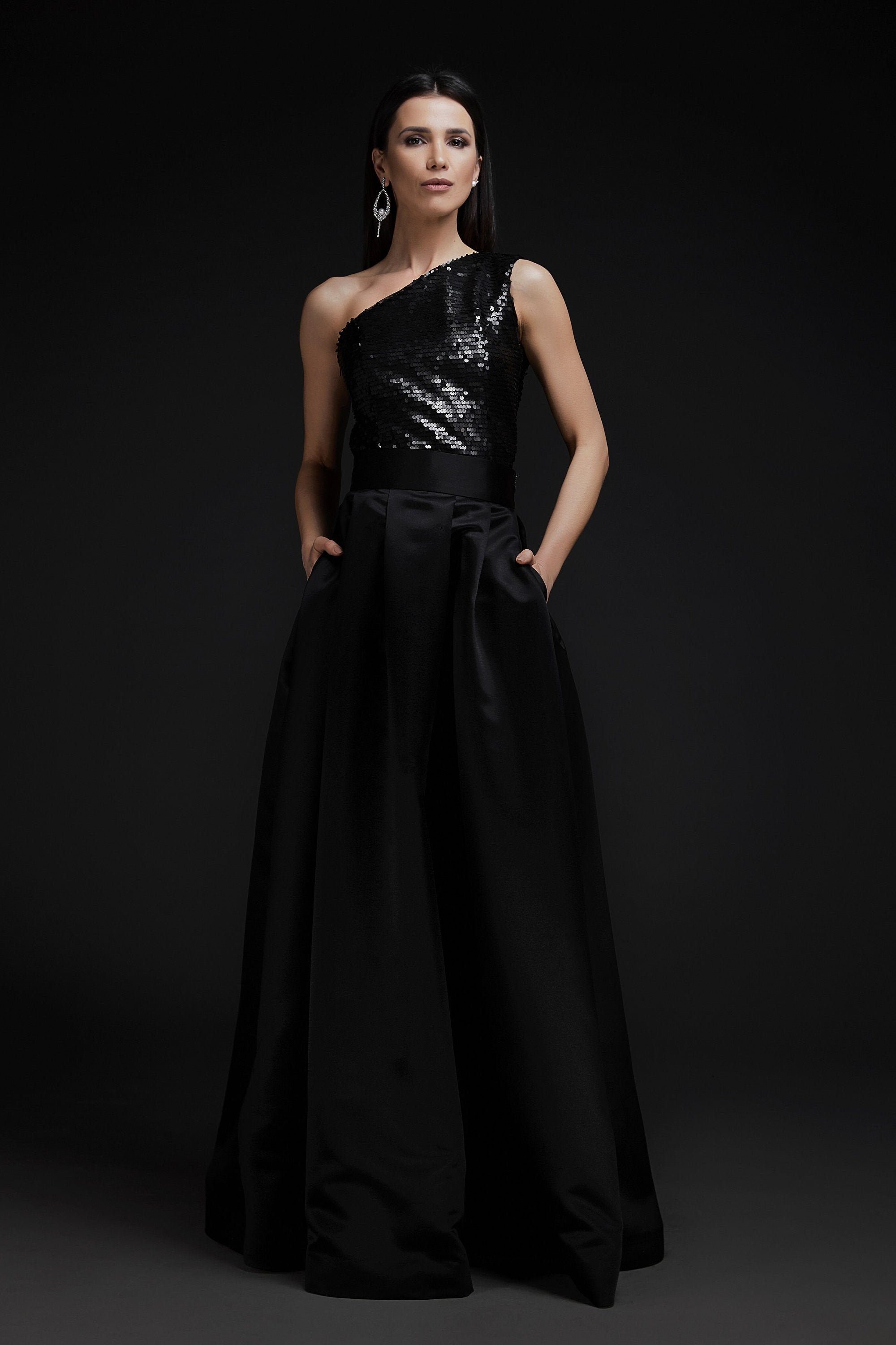 High Waist Long Skirt With Side Pockets, Mat Satin Black Dress, Floor ...