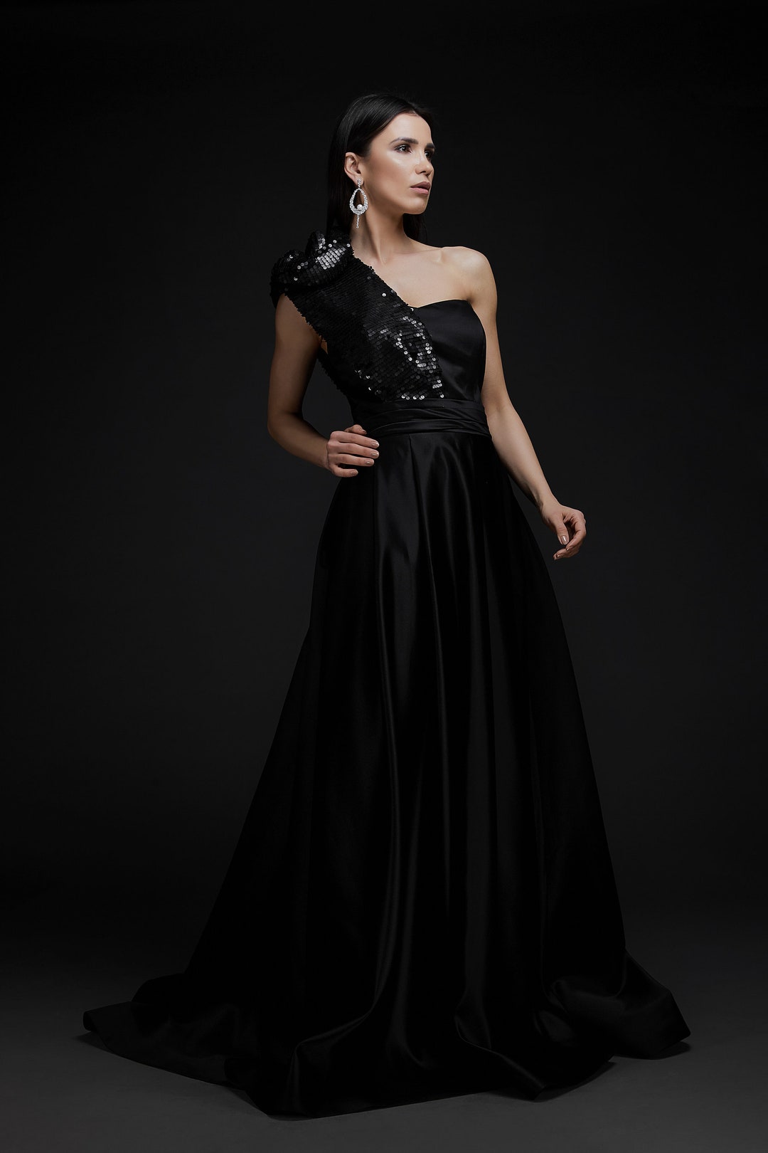 Long Black Bustier Gown With Sequins Decoration, Mat Satin Dress With ...