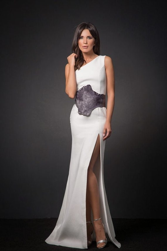 One-shoulder White Gown With Deep Left Leg Slit Elegant Floor | Etsy