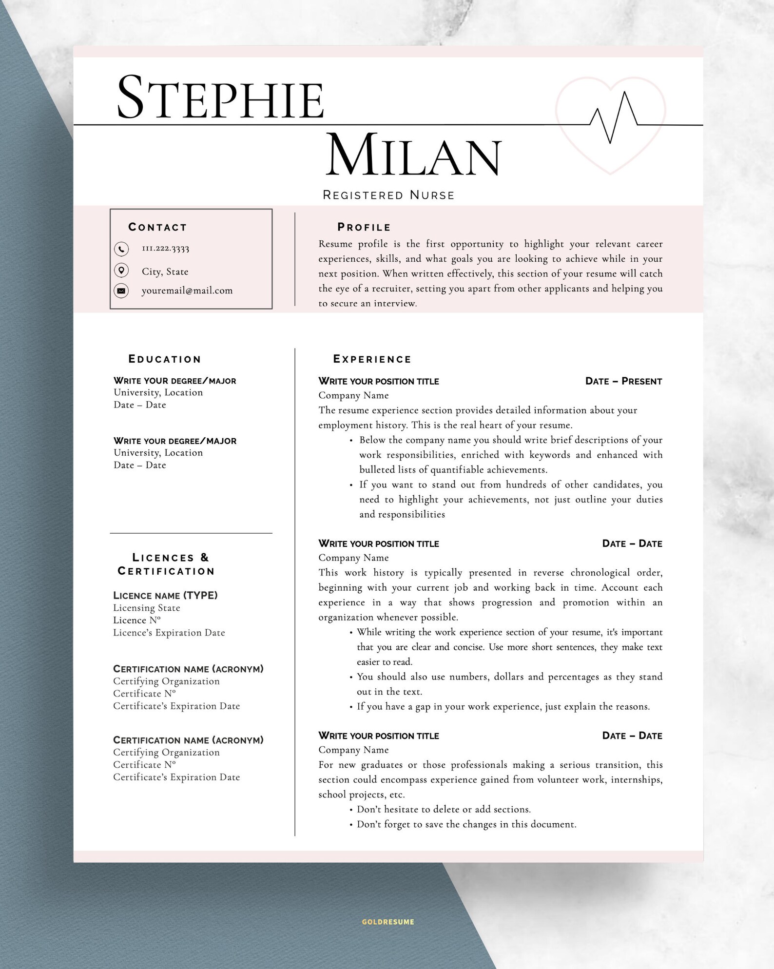 Nurse Resume Template, Simple Nursing Resume Template for Word or Pages ...