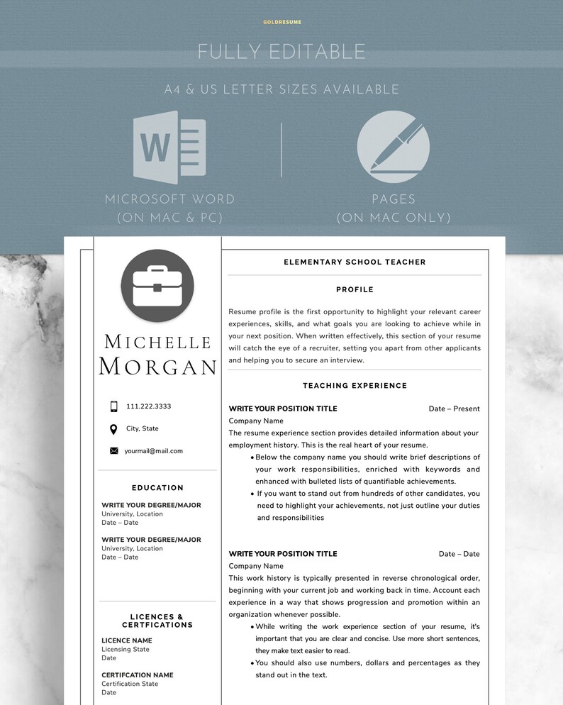 Resume Template for Teacher for Word and Pages, Teacher Template CV ...