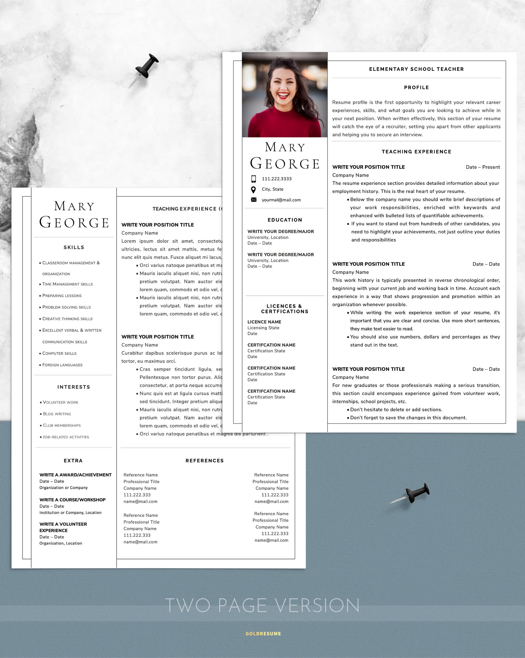 Teacher Resume Template for Word and Pages 1 & 2 Page Teacher Resume CV ...