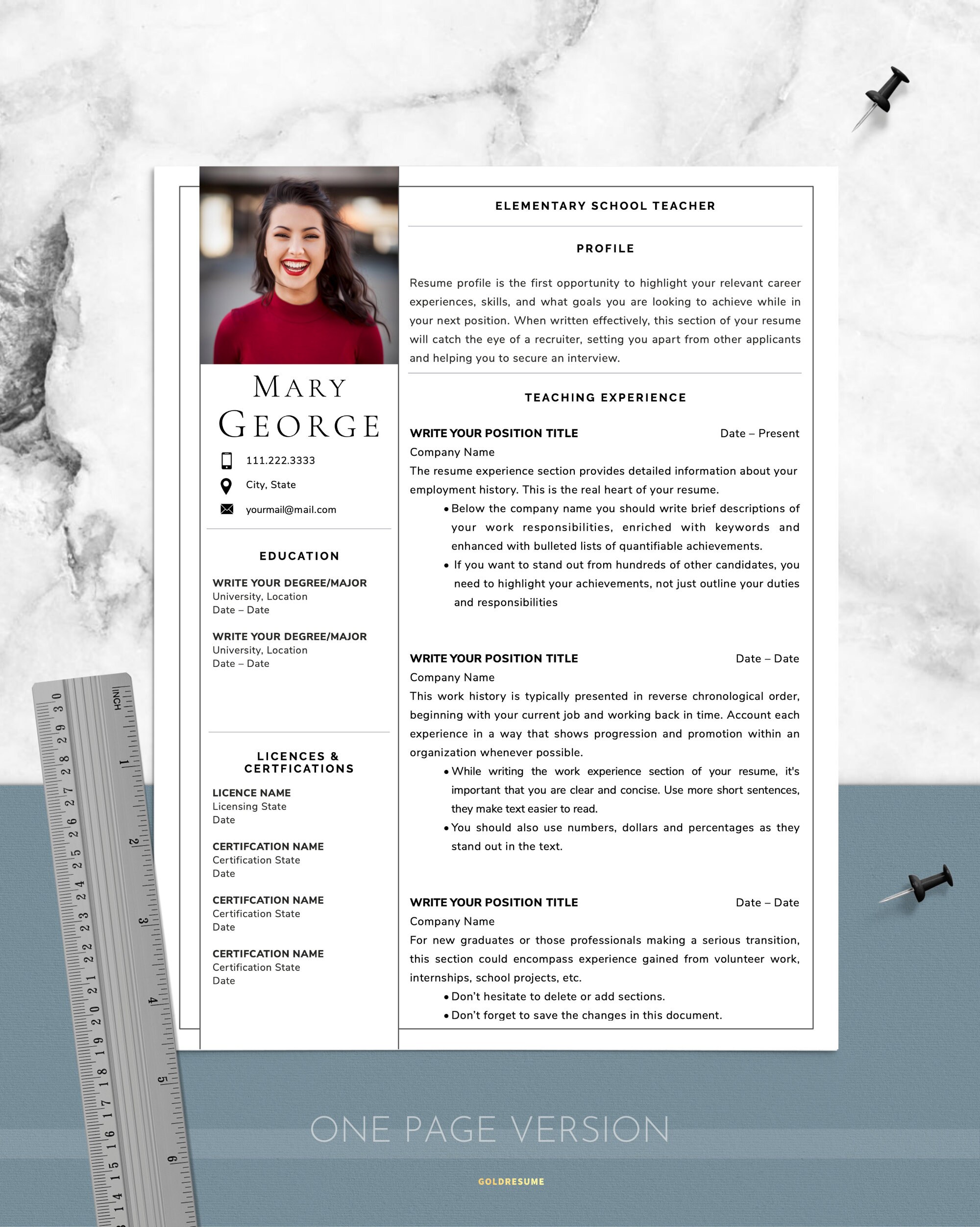Teacher Resume Template for Word and Pages 1 & 2 Page Teacher Resume CV ...