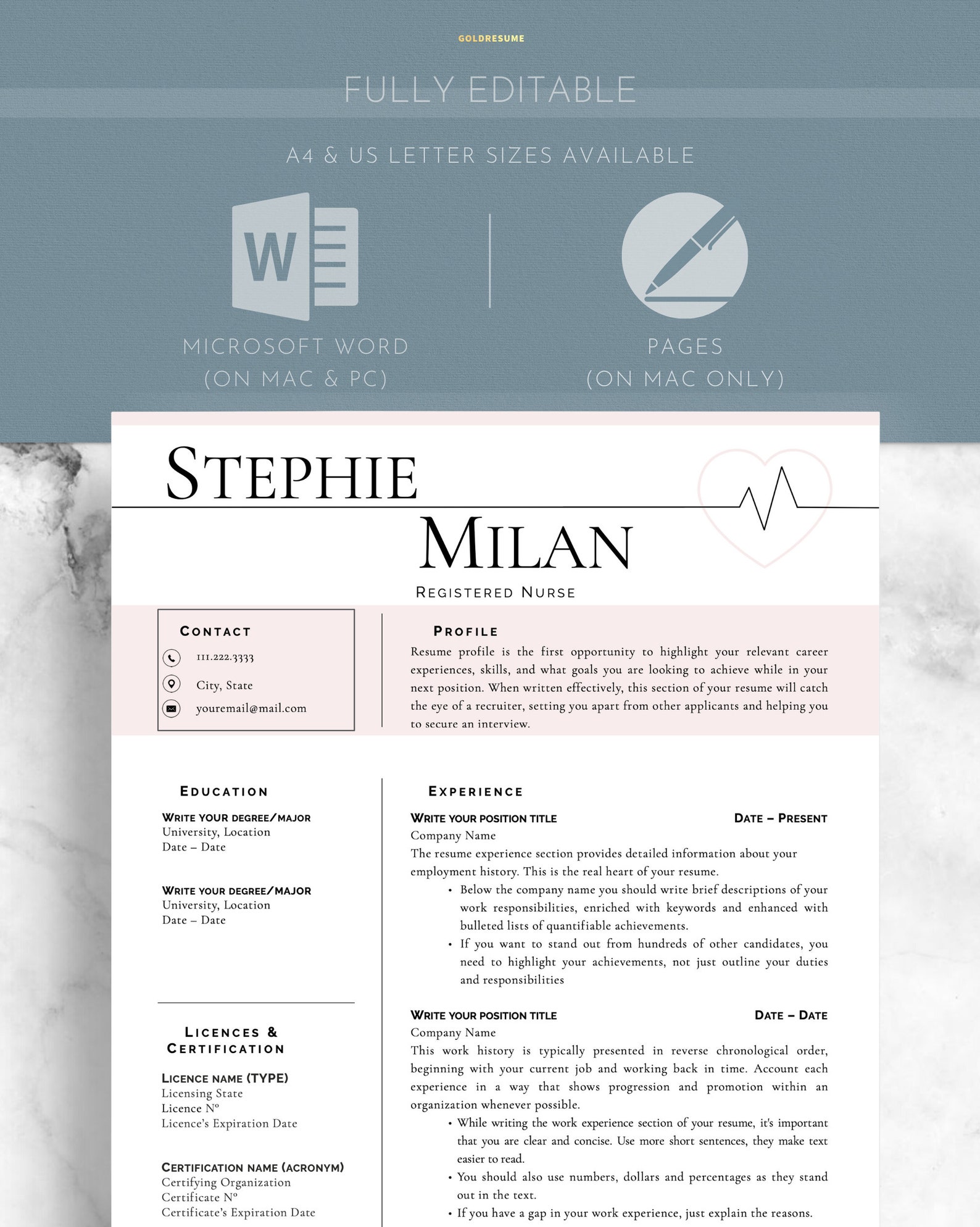 Nurse Resume Template, Simple Nursing Resume Template for Word or Pages ...