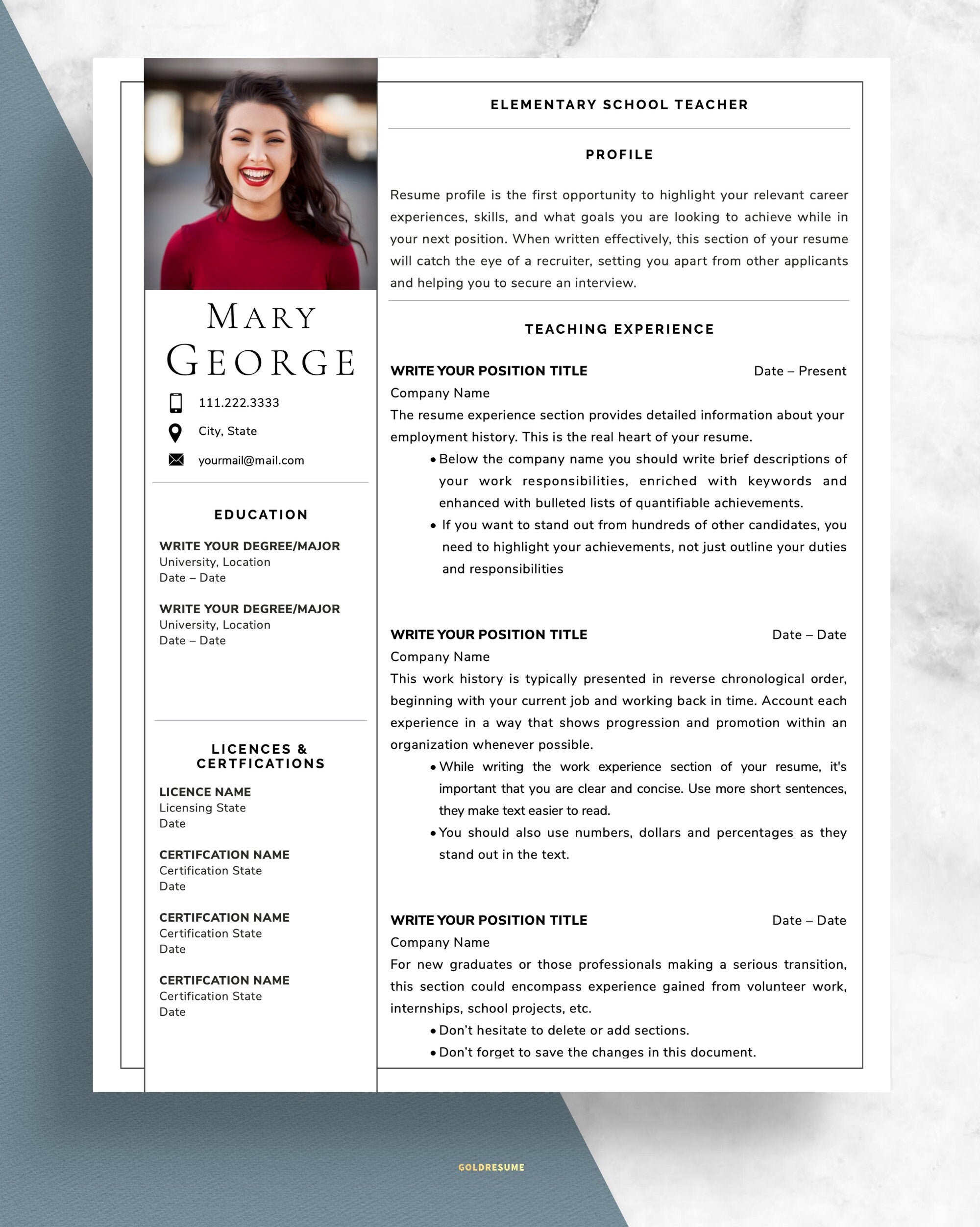 Teacher Resume Template for Word and Pages 1 & 2 Page Teacher Resume CV ...