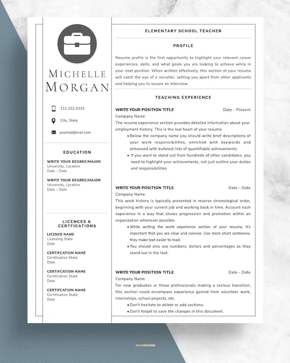 Resume Template for Teacher for Word and Pages Teacher | Etsy
