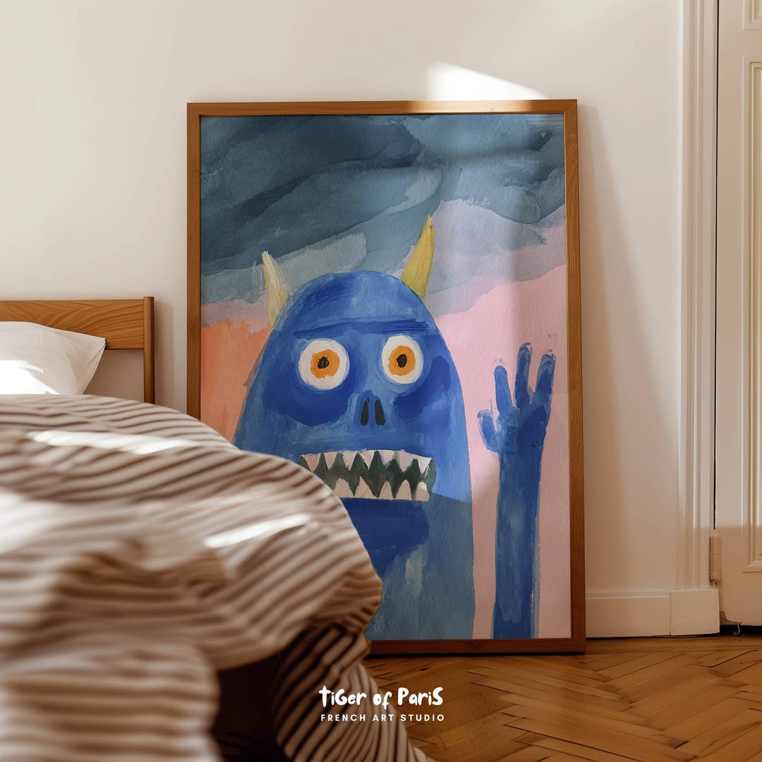 Blue Monster Wall Art, Playful Nursery Decor, Quirky Kids Room Print ...