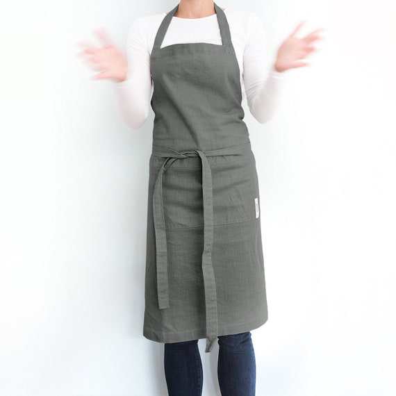 Long Linen Cotton Bib Apron With Pockets Black Unisex Full - Etsy