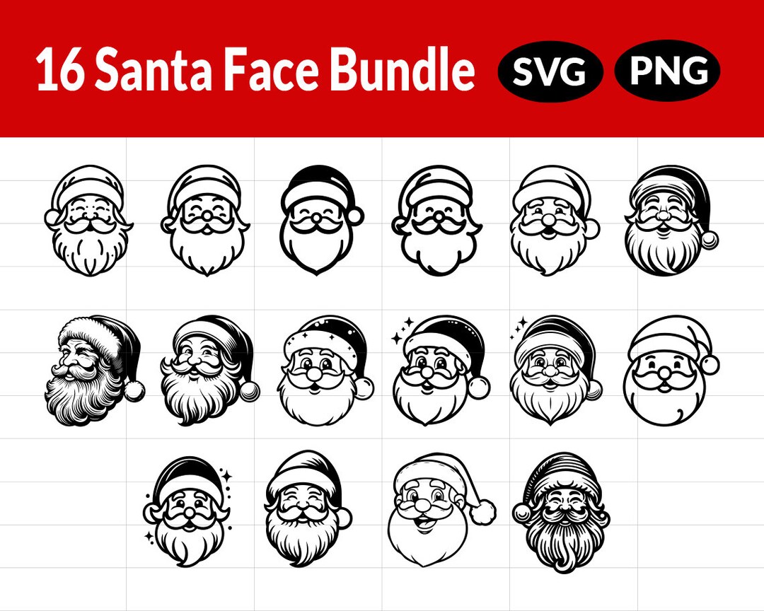 Santa Face SVG & PNG Bundle - Set of 16 Santa Christmas Illustrations ...