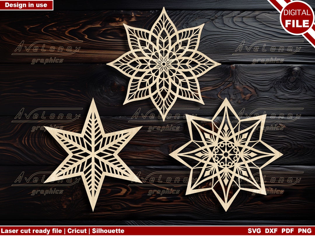 Christmas Snowflakes Laser Cut Svg Bundle 3 Snowflake Designs, Mandala ...