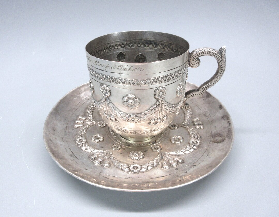 Antique Full Size Fancy Repousse Silver Cup and Saucer Gifted in 1921 ...