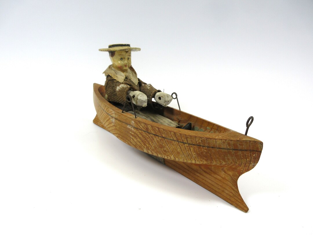 Original Victorian Boy in a Rowing Boat Model or Toy Wood & Paper Mache ...