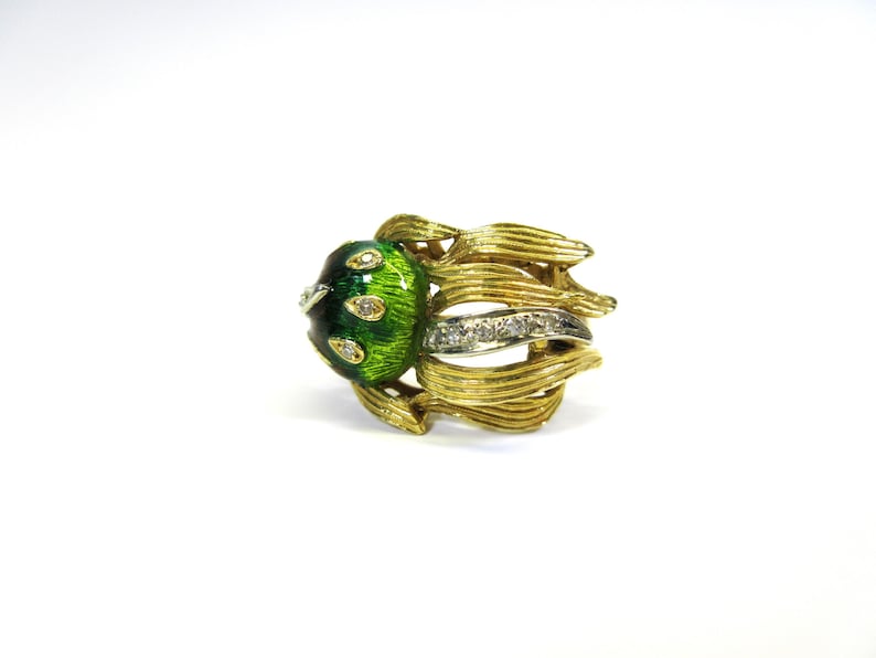 Vintage 18k Gold Diamond Enamel Cocktail Ring, Mid Century Modern, Size ...