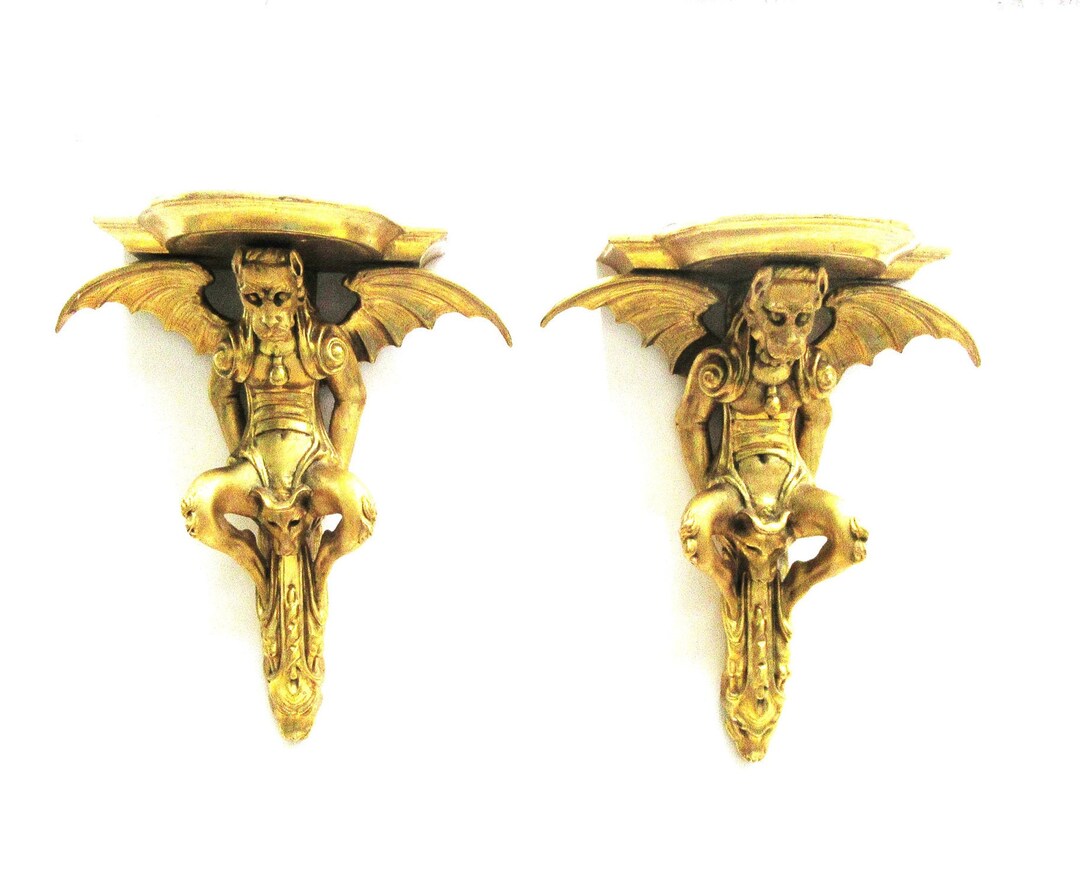 Big Pair 19th Century Gilded Carved Wood Devil or Halloween Gargoyle ...