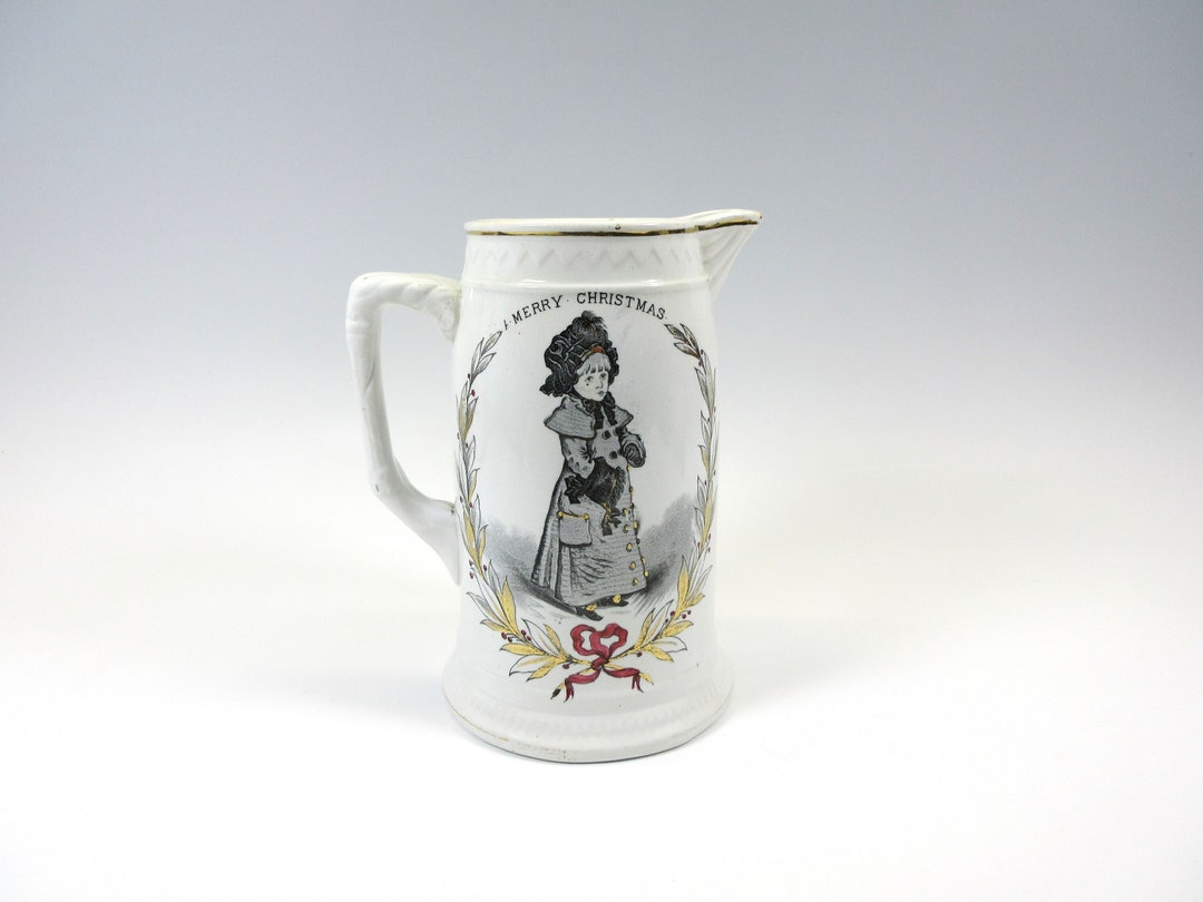 Antique Victorian MERRY CHRISTMAS Pottery Pitcher With Kate Greenaway ...