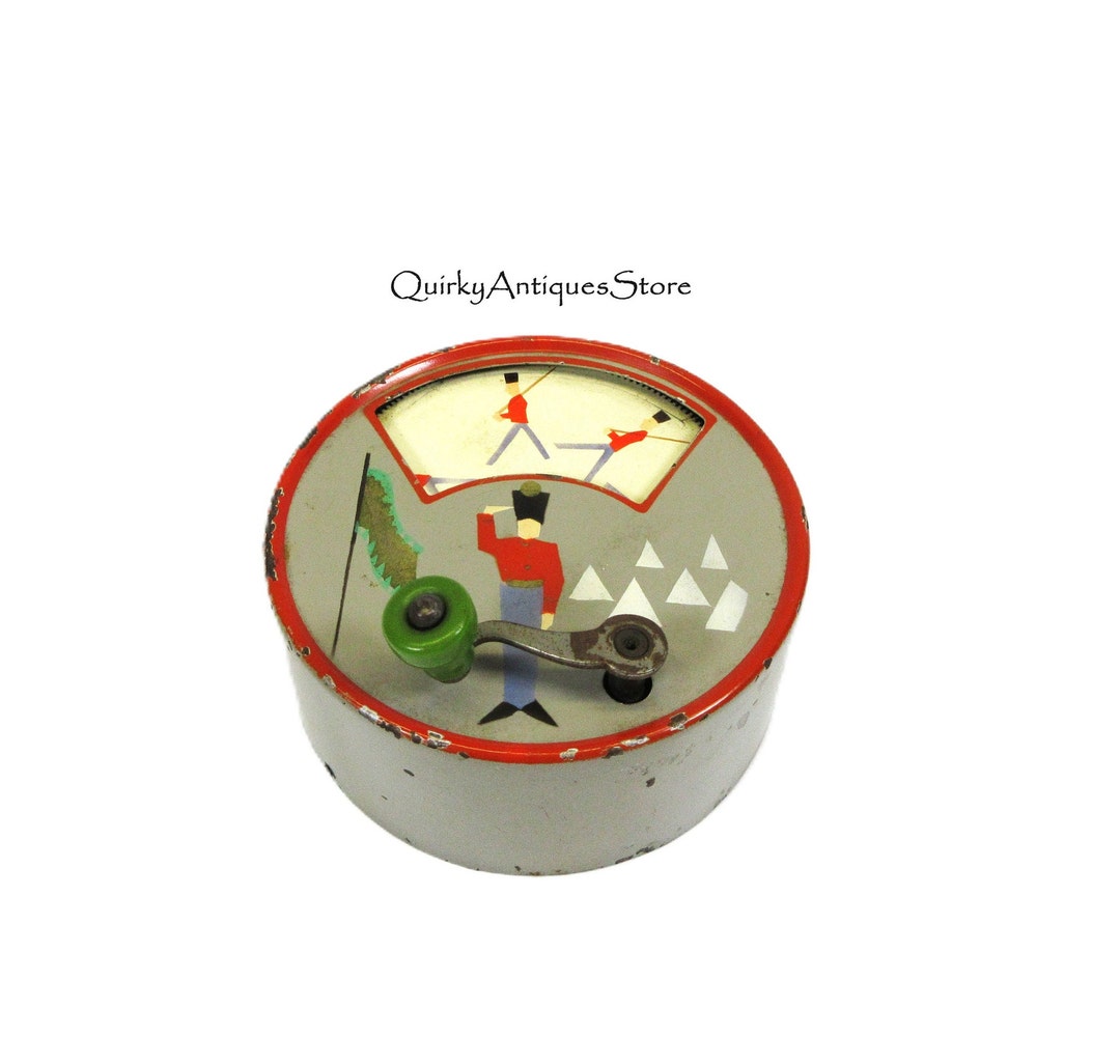 Unusual Antique Painted Tin Toy Soldier Hand Crank Swiss Music Box With ...