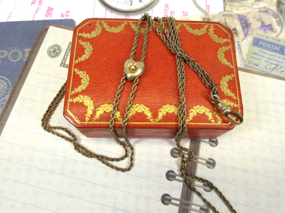Antique 48" Long Gold Fill Watch Slide Chain With 14k Gold and Pearl ...