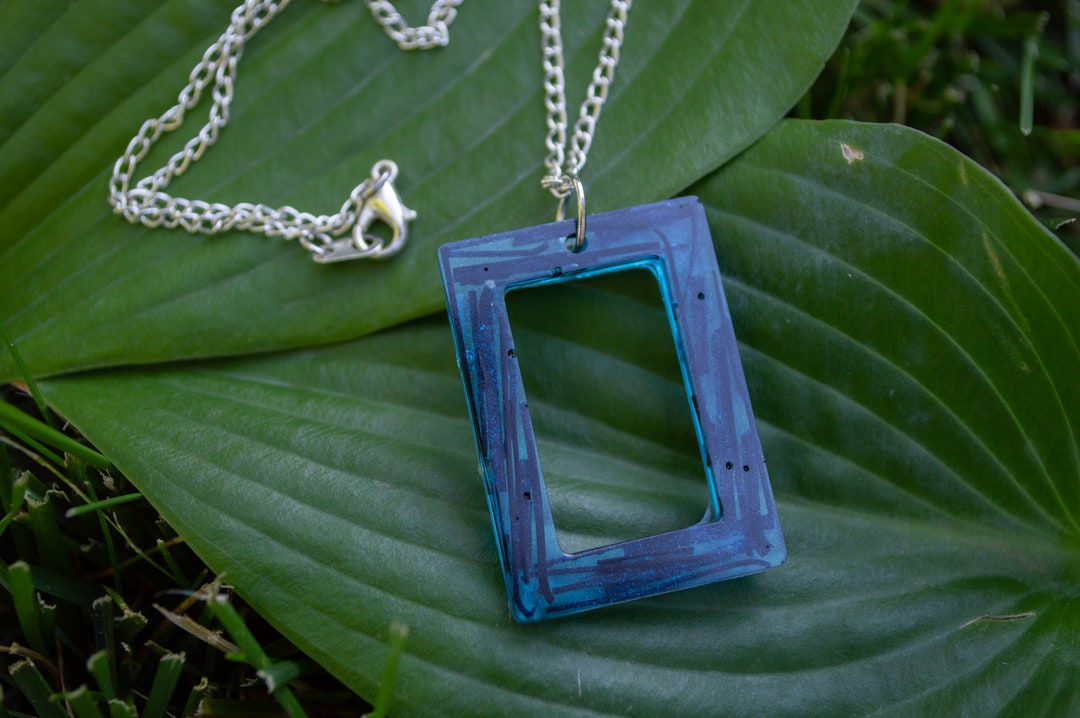 Recycled Plastic Epoxy Resin Blue and Black Rectangle Pendant Necklace ...