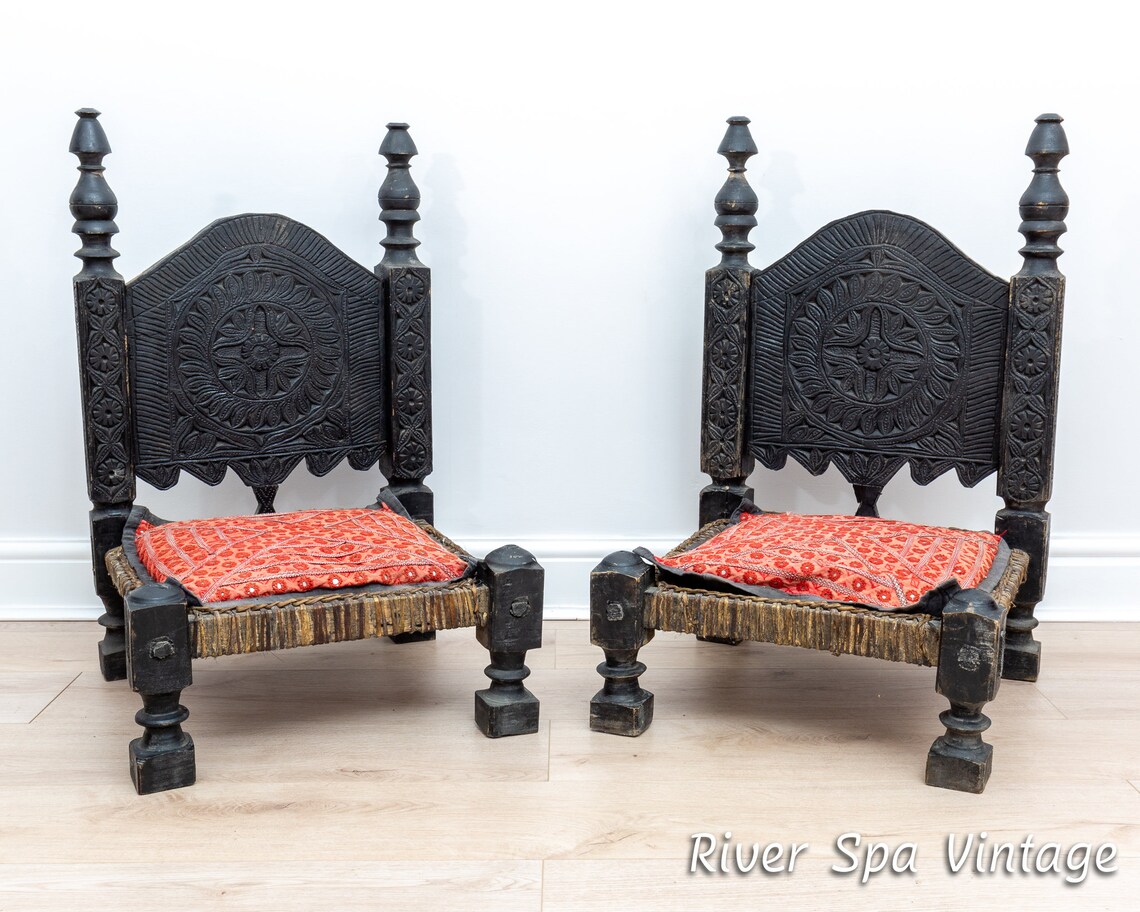 Pair of Antique Carved Swat Valley Low Ebonised Carved Leather Chairs ...
