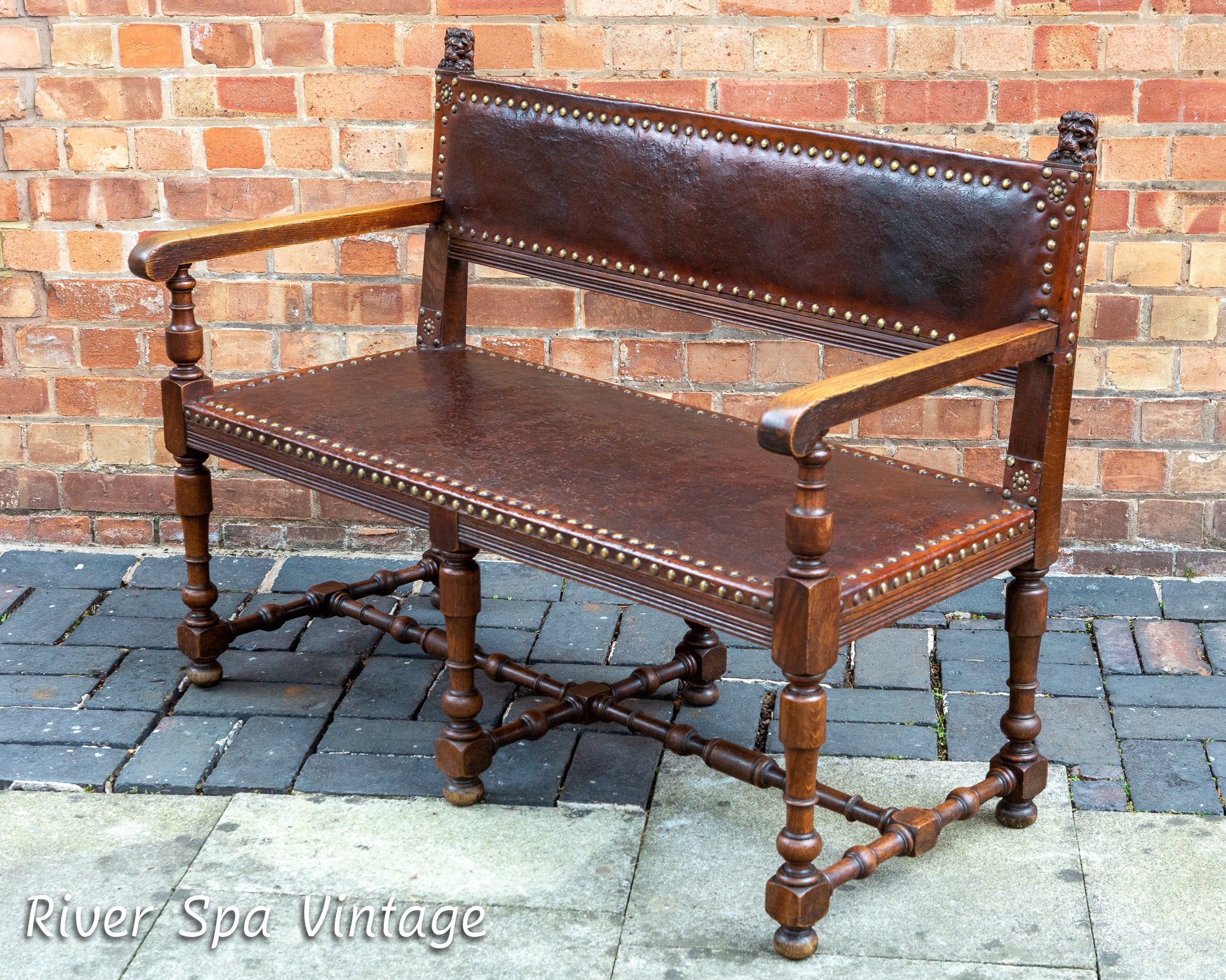 Antique Spanish Studded Leather Bench Oak Studded Brass Colonial ...