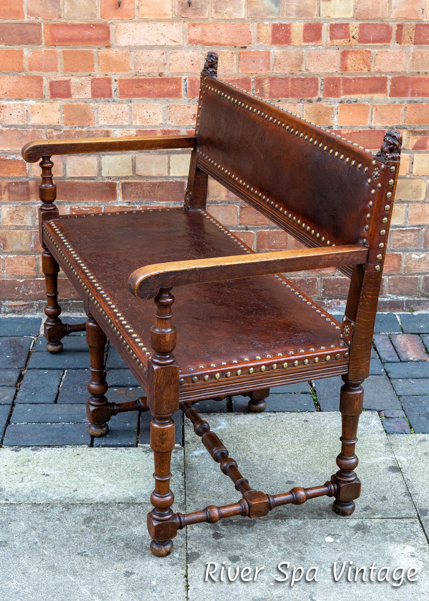 Antique Spanish Studded Leather Bench Oak Studded Brass Colonial ...