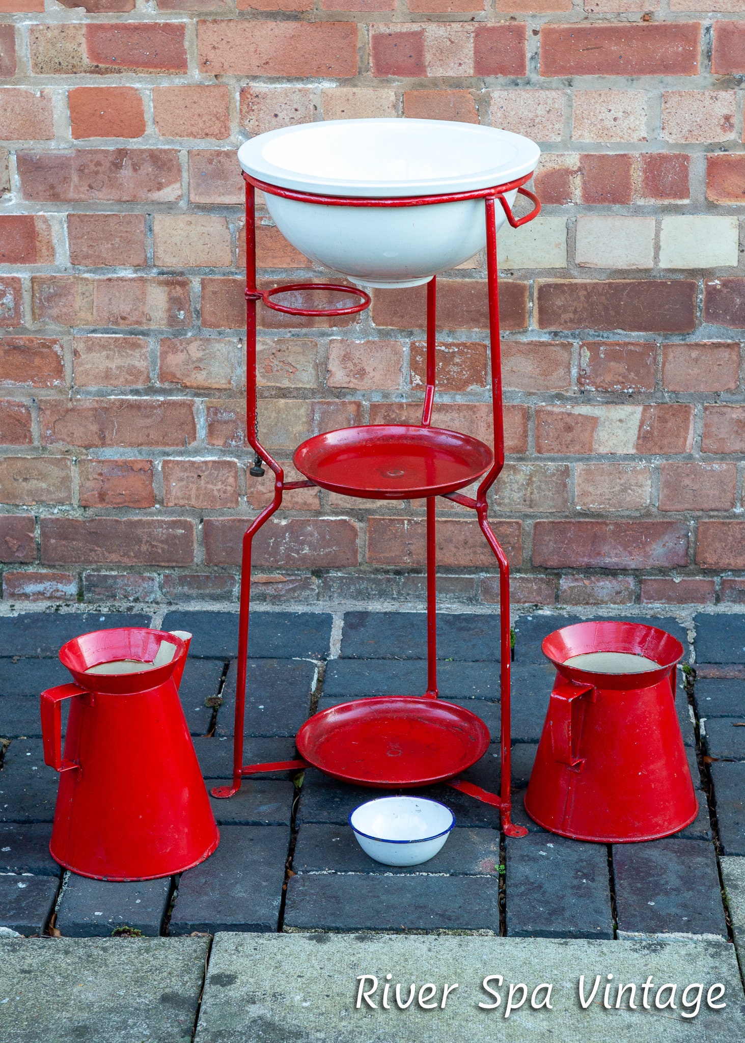French Wash Stand 1950s Mid Century Rustic MCM Red White Decorative ...