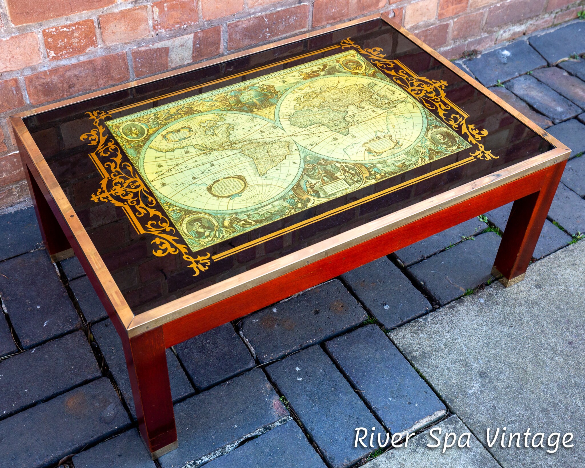 World Map Coffee Table Large Campaign Style Mid Century Atlas Glass ...