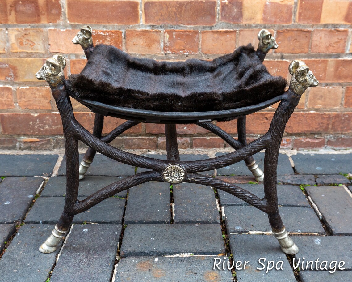 Hollywood Regency Bronze Footstool Ottoman Rams Head Rams Hooves Pouf ...