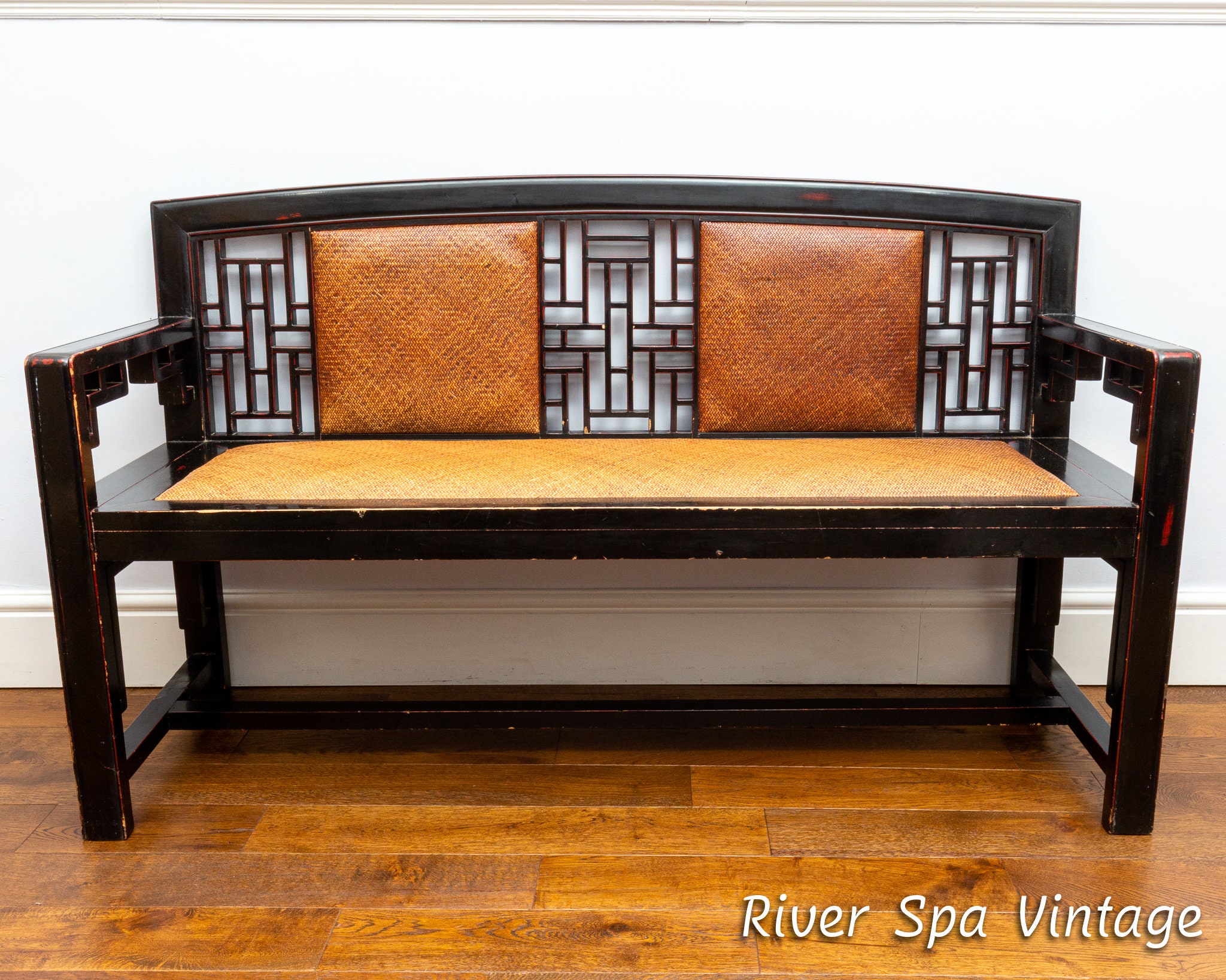 Rare Chinese Fretwork Rattan Ebonised Bench, Oriental Chinese Lacquered ...