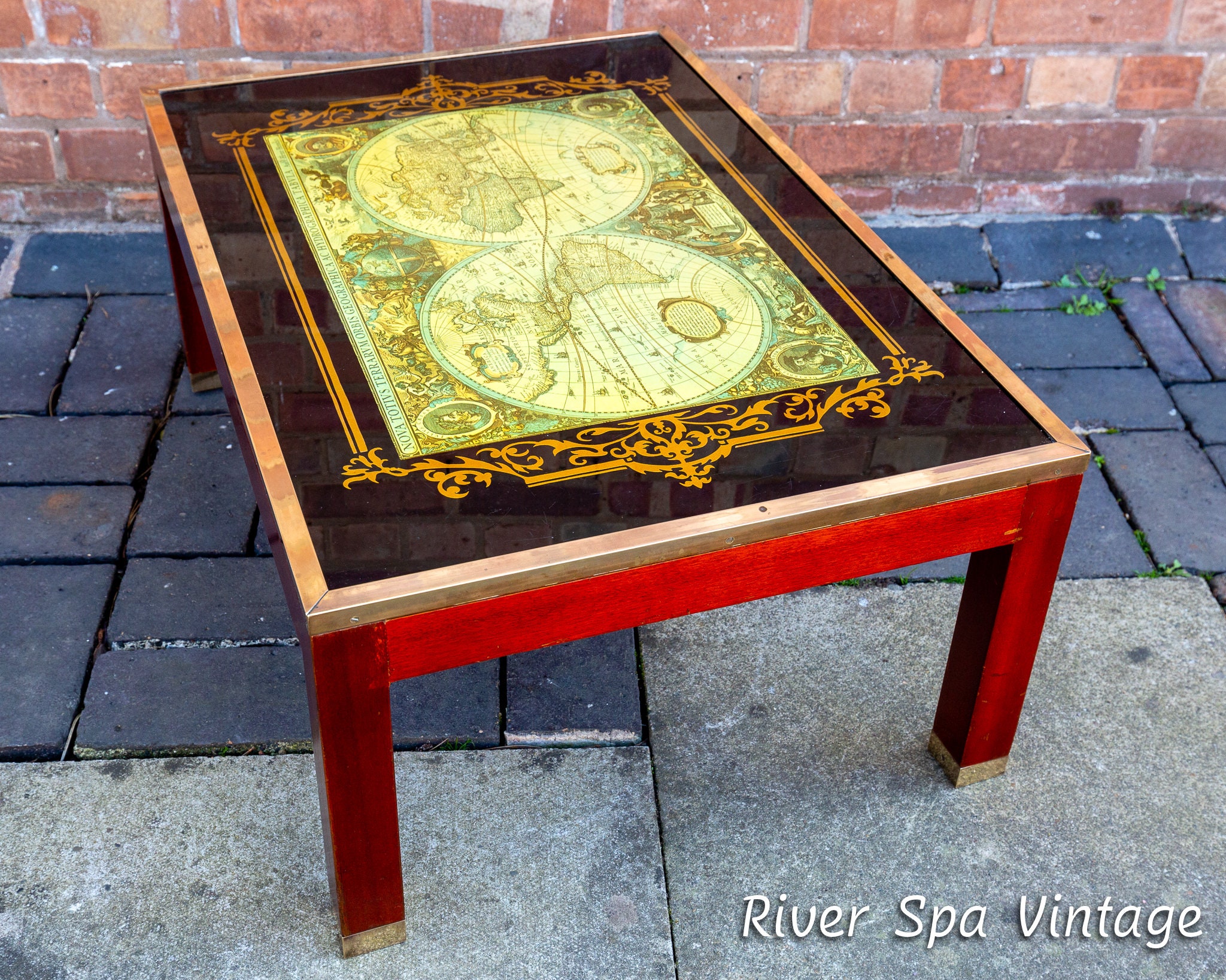 World Map Coffee Table Large Campaign Style Mid Century Atlas Glass ...